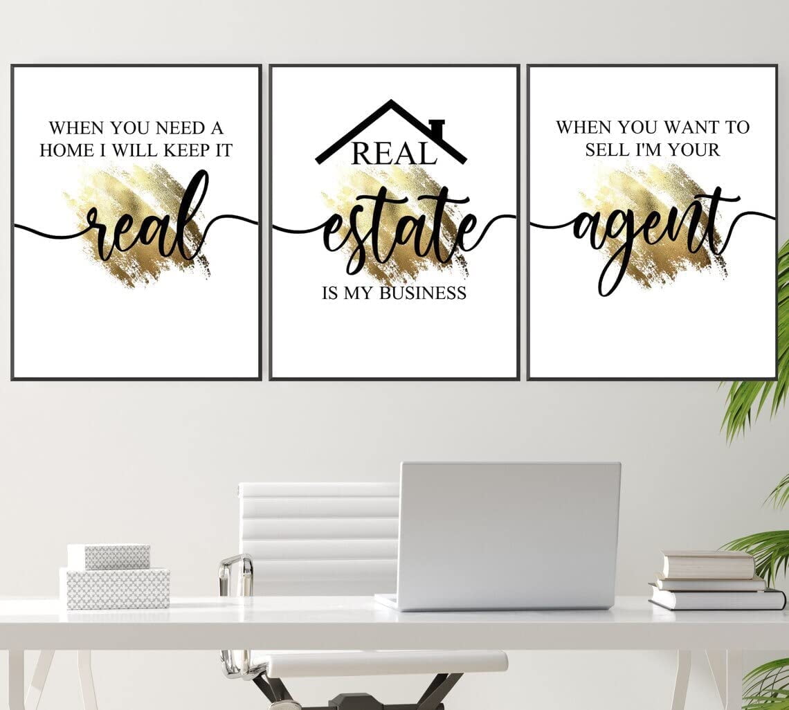 Real Estate Agent Quotes Canvas Painting 3 Pieces Gold Real Estate Wall ...