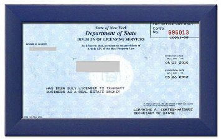Real Estate License Certificate Wood Frame - 8.5 x 5.5 inches - Blue ...