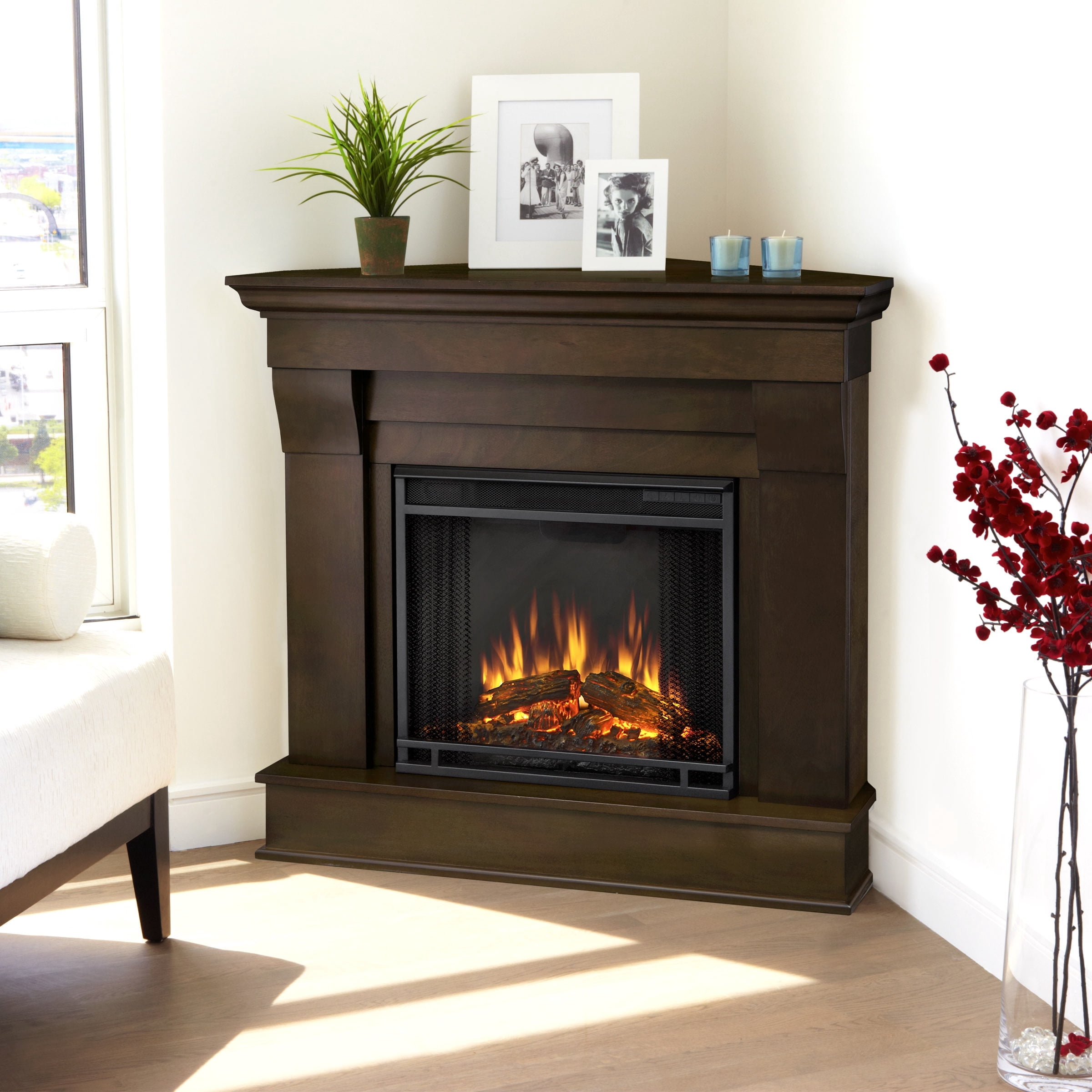 Real Flame Traditional Wood Chocolate Chateau Electric Corner Fireplace ...