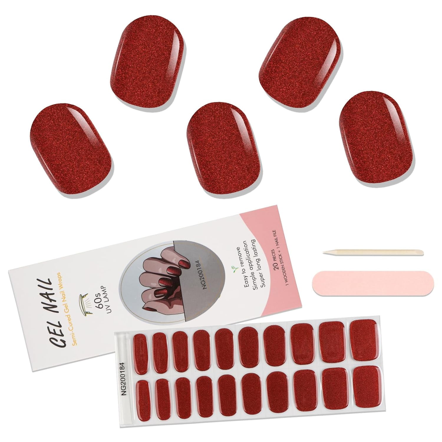 Real Gel Nail Strips, 20pcs Semi Cured Gel Polish Stickers, Waterproof ...