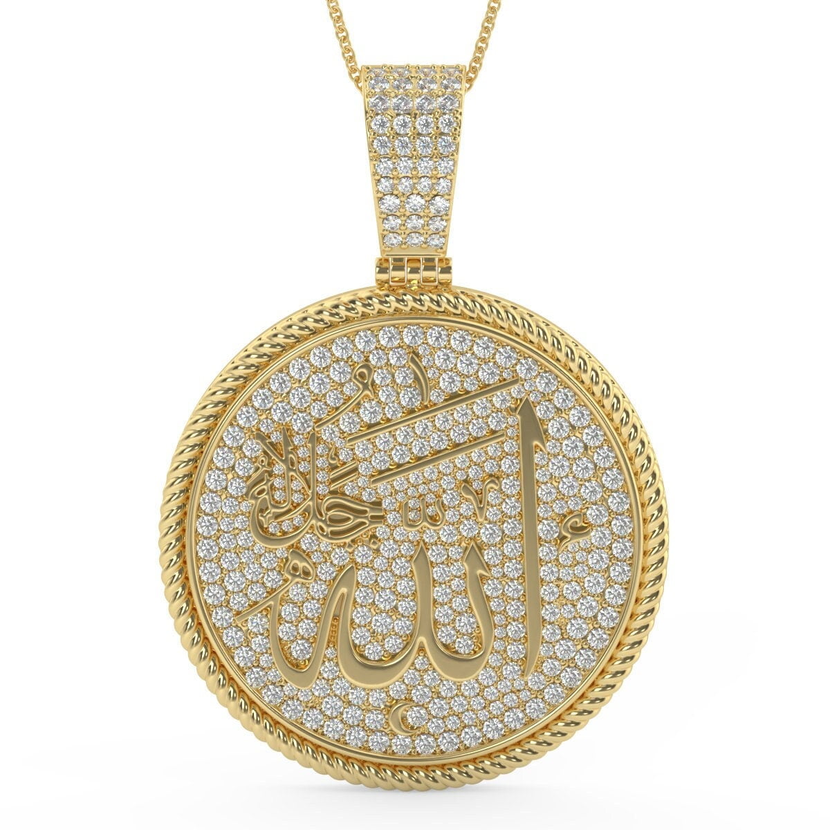 Real Genuine 3.00 Cwt Moissanite Diamond Iced Out Allah Islamic Muslim God Medallion 14K Gold ...