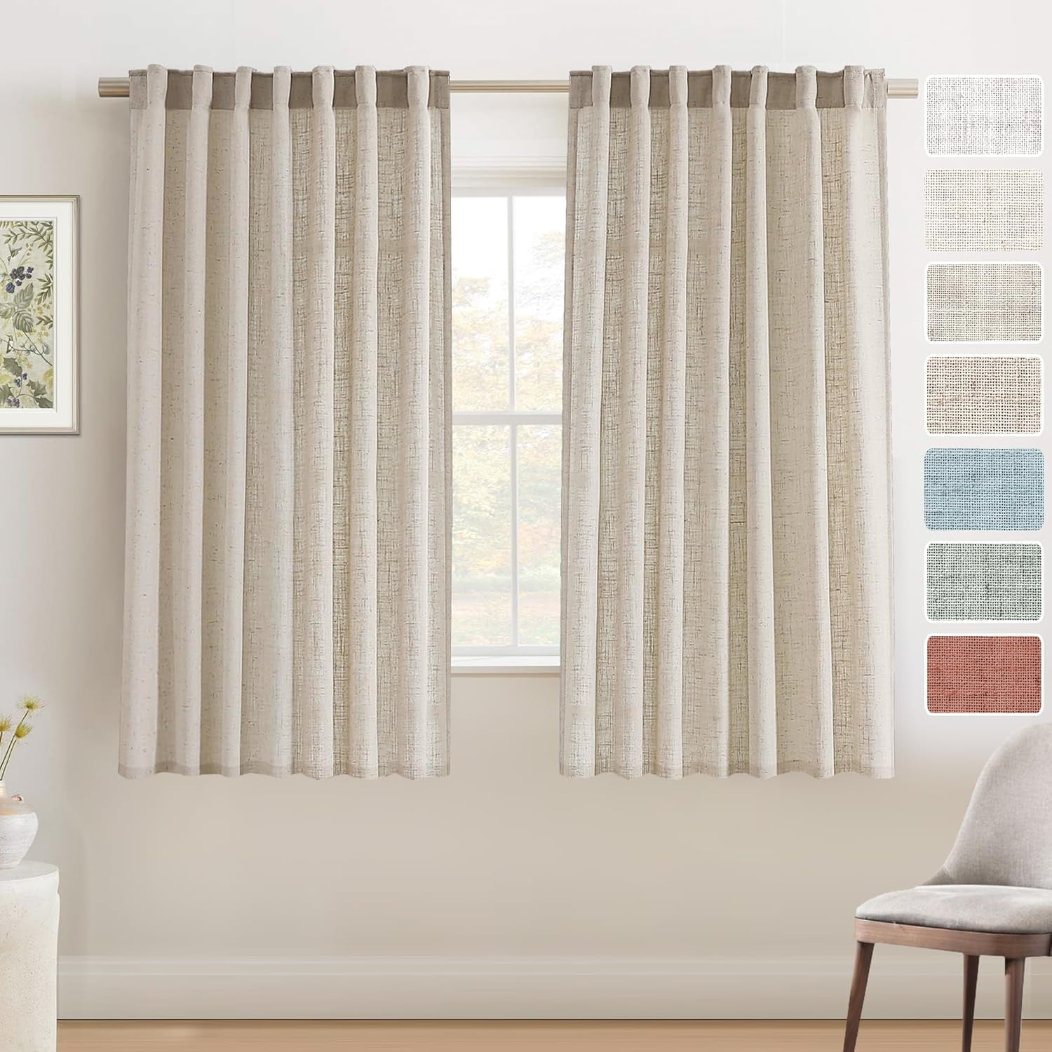 Real Linen Curtains 63 Inches Long with Rod Pocket/Back Tab/Ring Clips ...