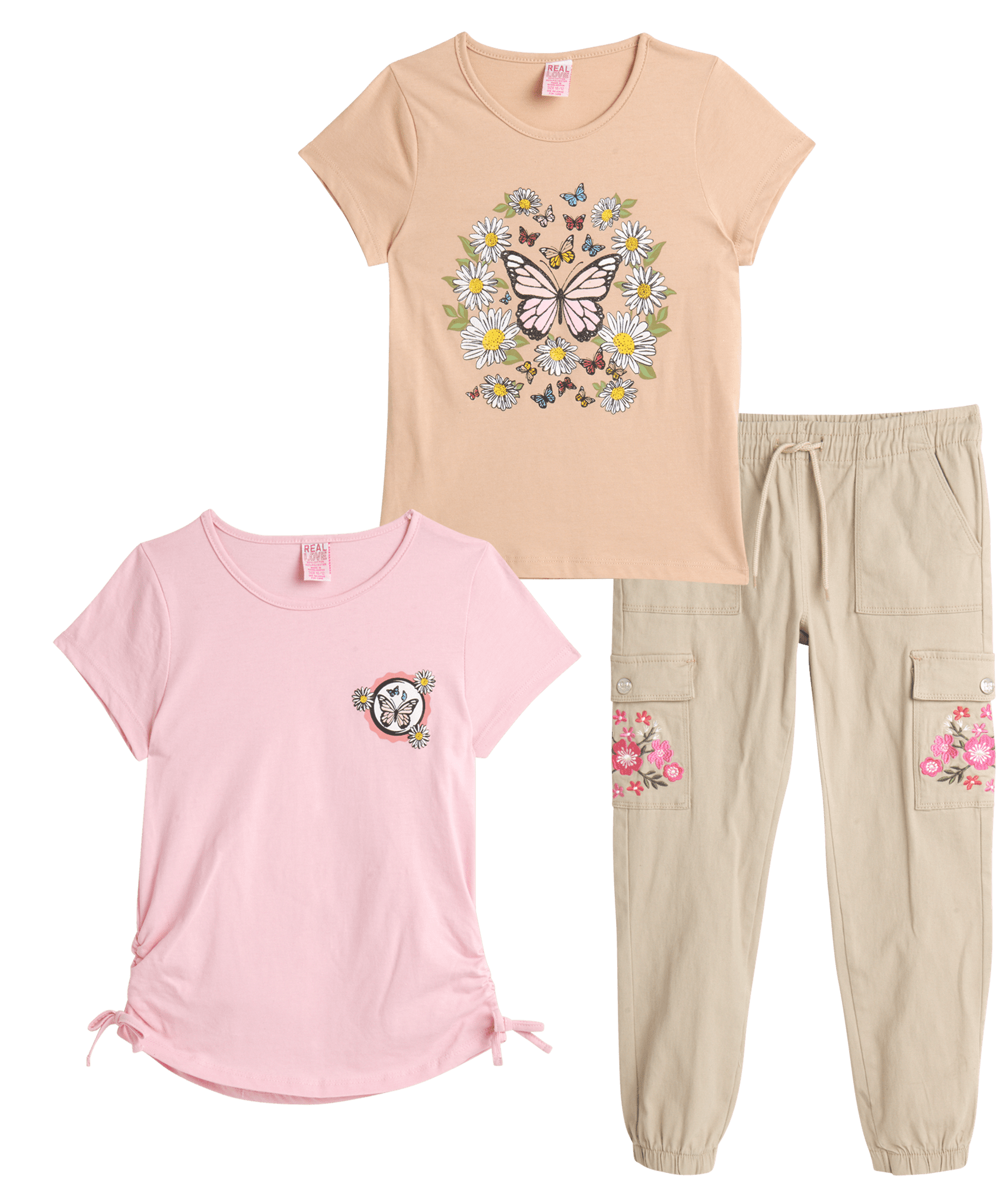 Real Love Girls' Pants Set - 3 Piece Cute T-Shirt and Embroidered Cargo ...