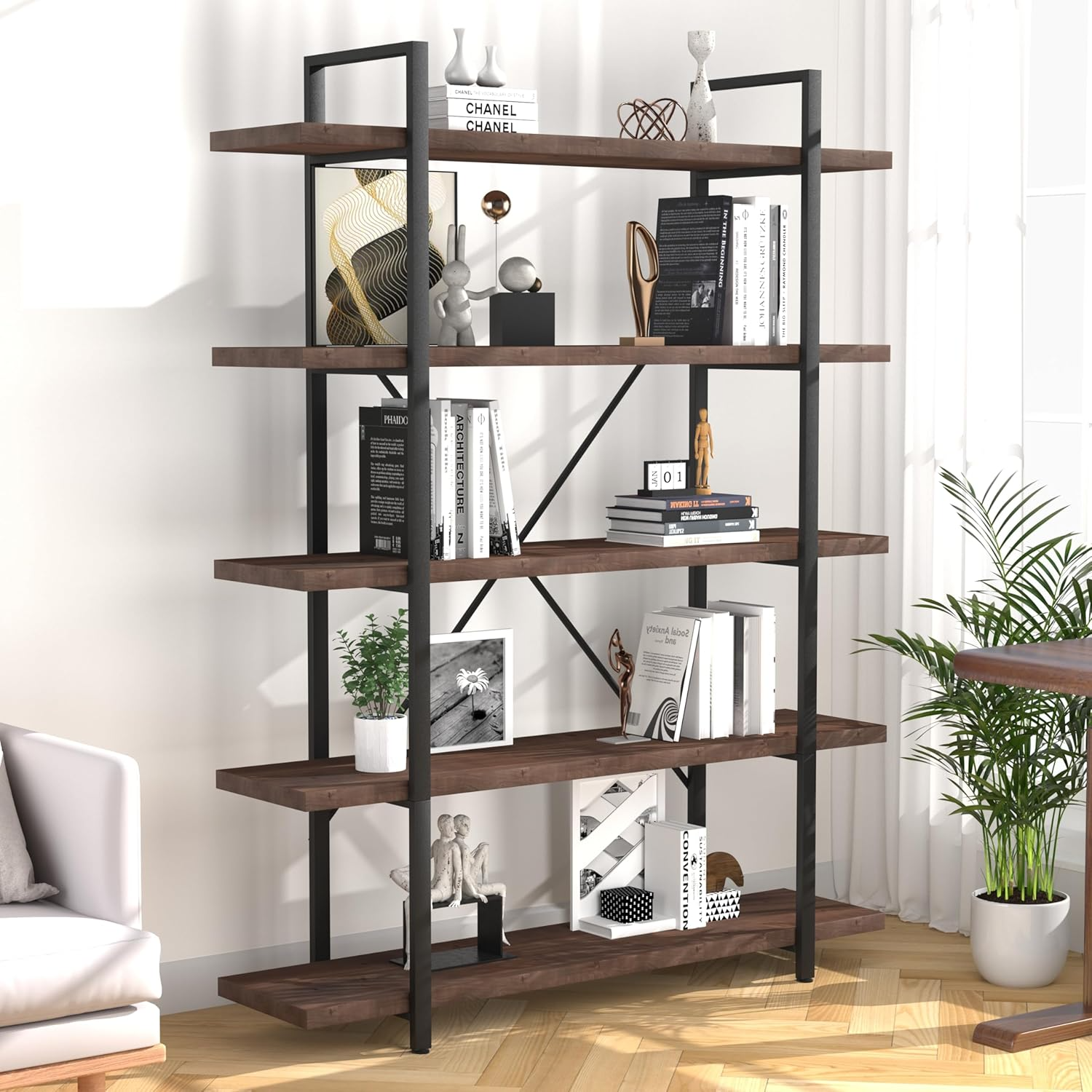 Real Natural Wood 5 Shelf Bookshelf Industrial Solid Wood Large Open ...