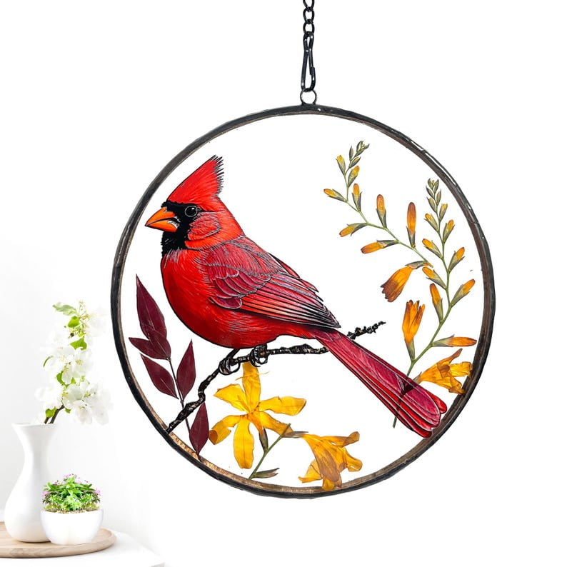 Real Pressed Dried Flower Stained Glass Cardinal Bird Suncatcher ...