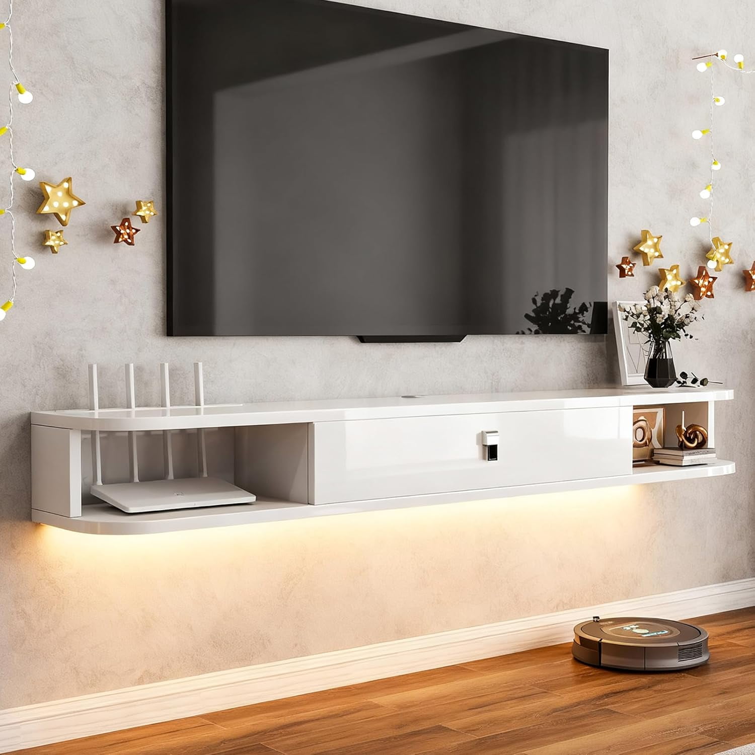 Real Relax 55.1" Floating TV Stand with Led Lights, High Gloss Modern ...