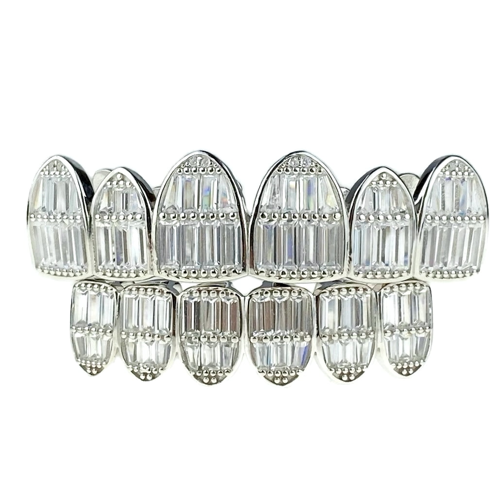 Real Solid 925 Sterling Silver Grillz Set Iced Baguettes Six on Six ...