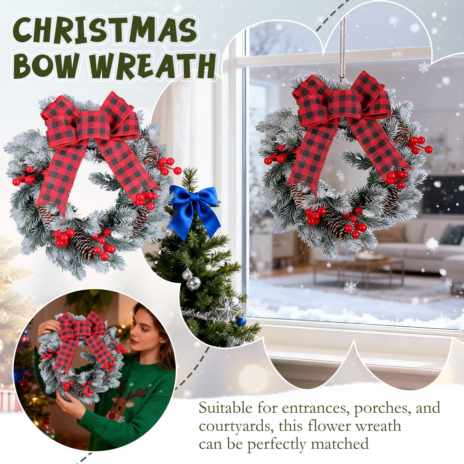 Real Touch Christmas Wreaths 11.8Inch Front Door with Bows,Christmas ...