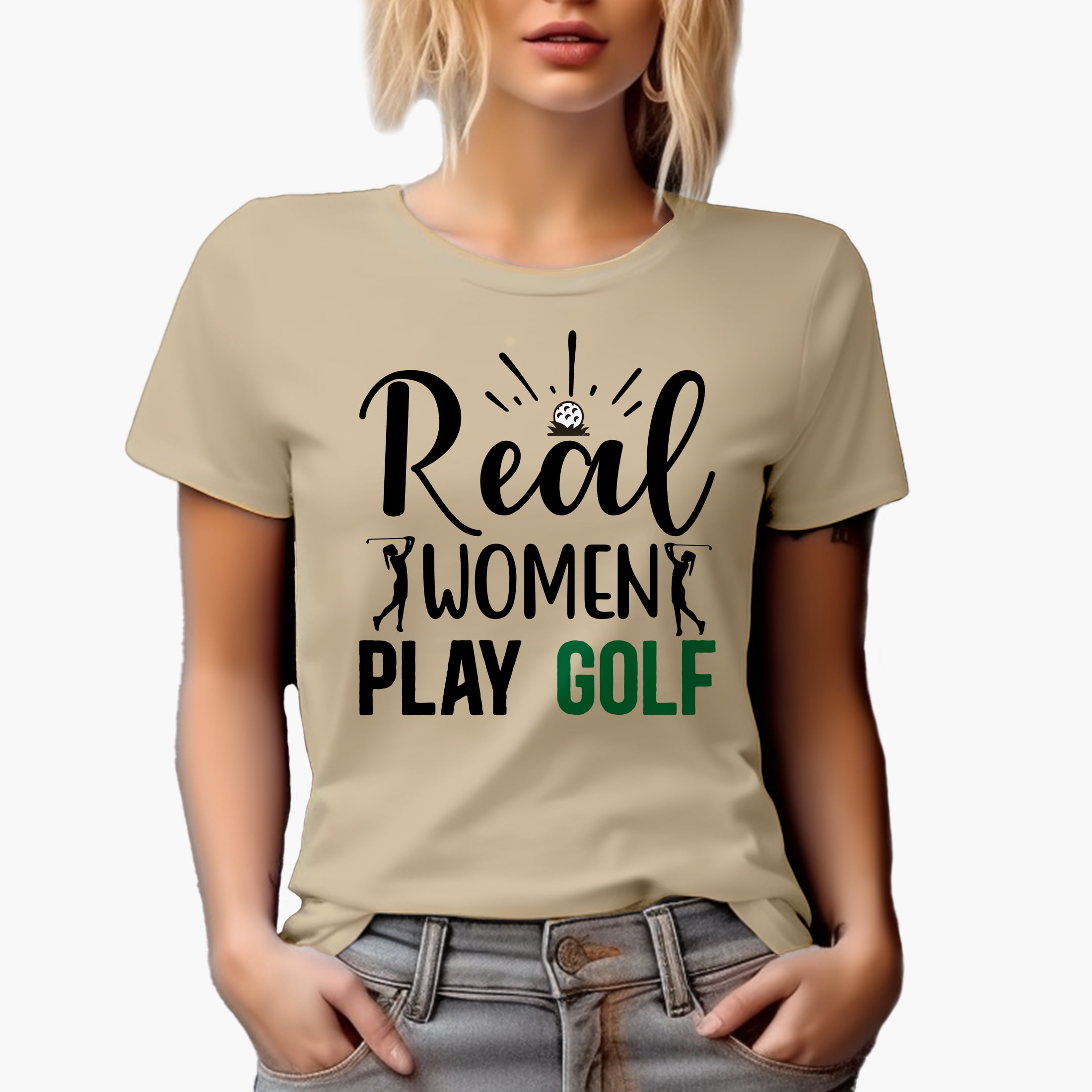 Real Women Play Golf Quote with Ball on Grass & Woman Golf Player ...
