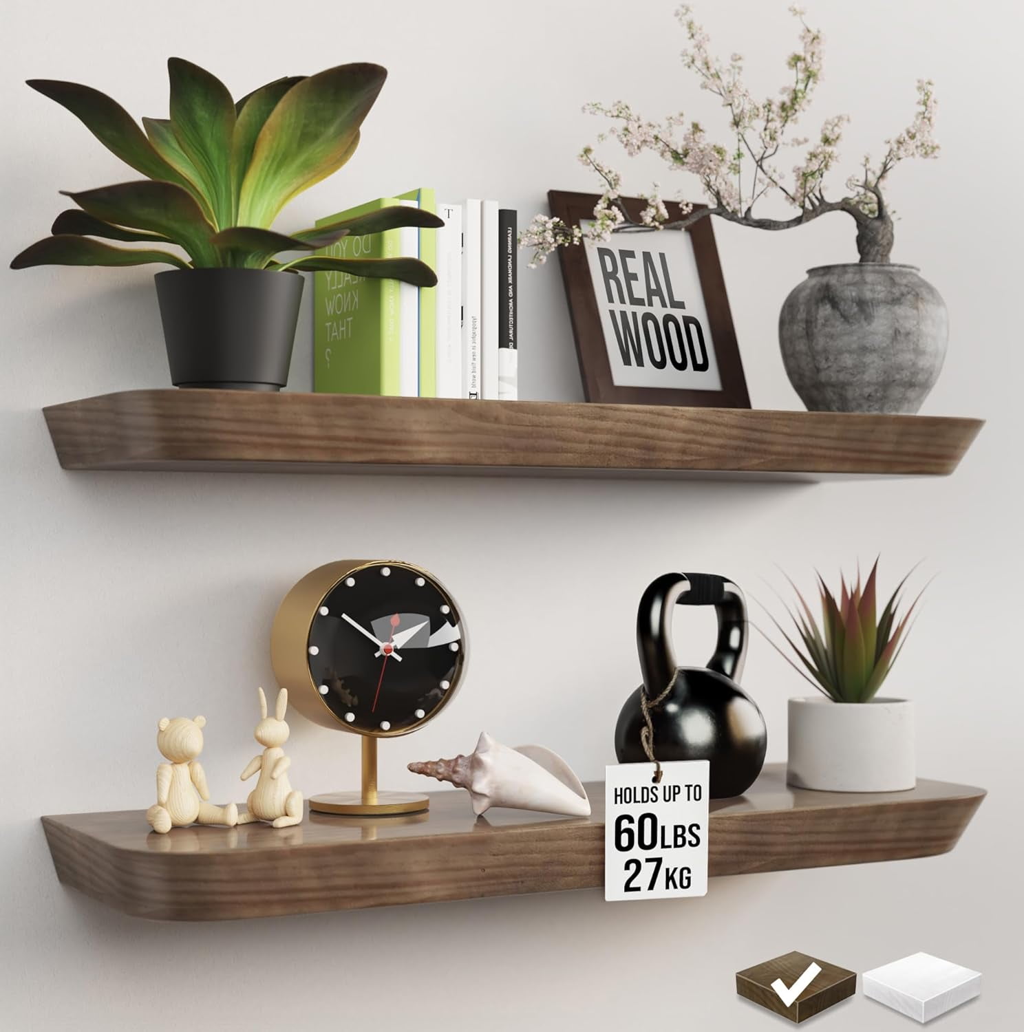 Real Wood Floating Shelves for Wall 24 inch (Set of 2) - Natural Solid ...