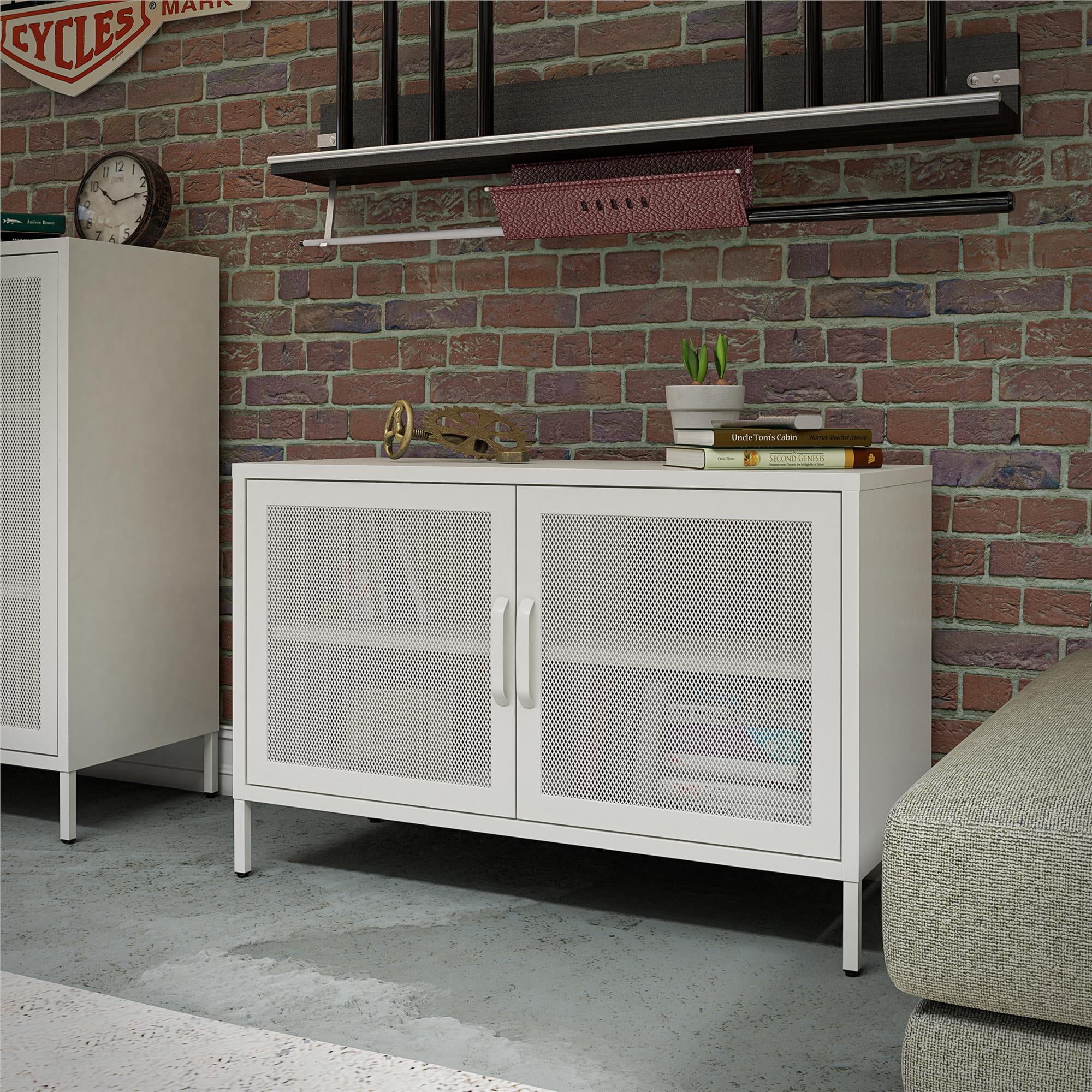 RealRooms Shadwick 2 Door Wide Metal Locker Accent Cabinet-Mesh Metal Doors, Soft White ...