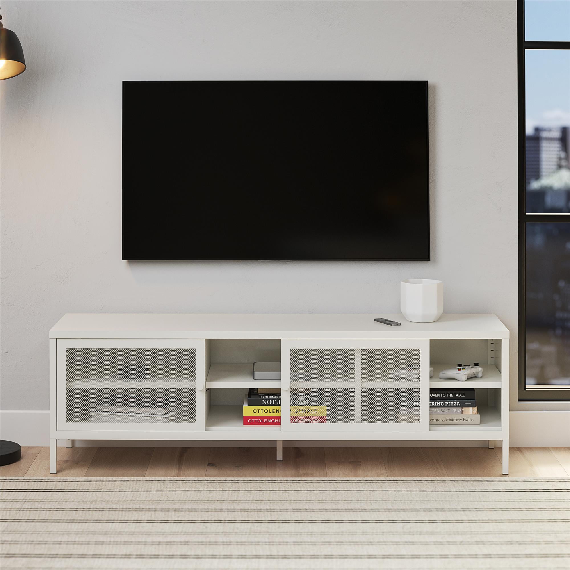 RealRooms Shadwick Metal TV Stand for TVs up to 65" with Perforated Metal Mesh Accents, Soft ...