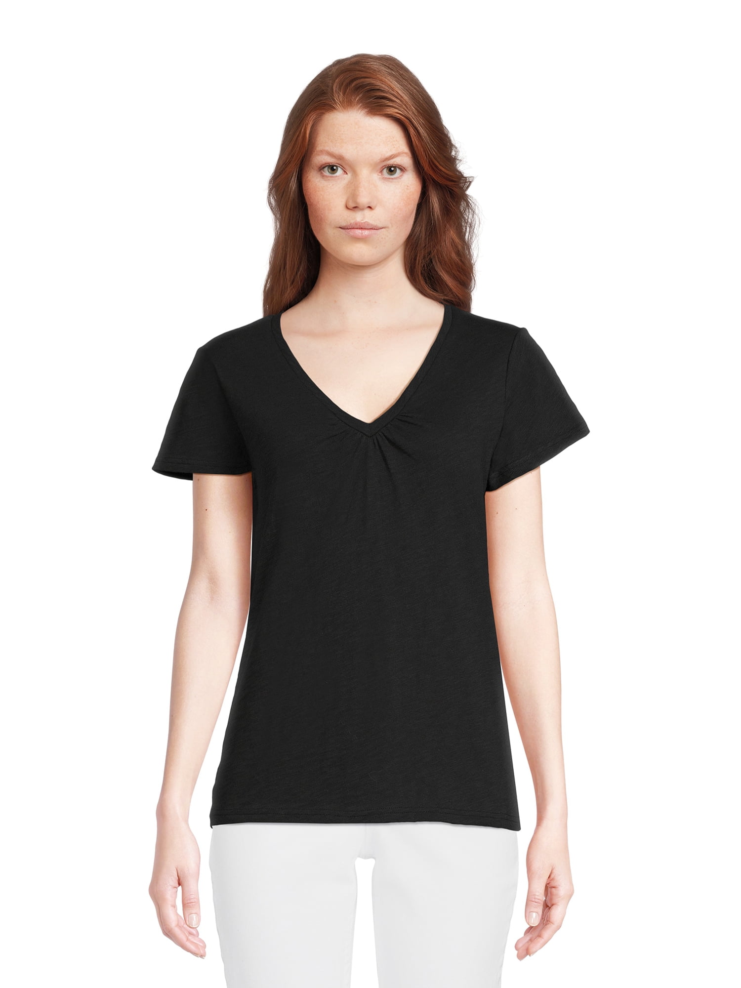 RealSize Women's Shirred V-Neck Cotton Slub Pullover Tee, XS-3XL ...
