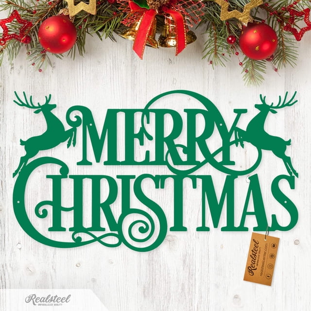 RealSteel Merry Christmas Santa and Reindeer Steel Sign, Festive Indoor ...
