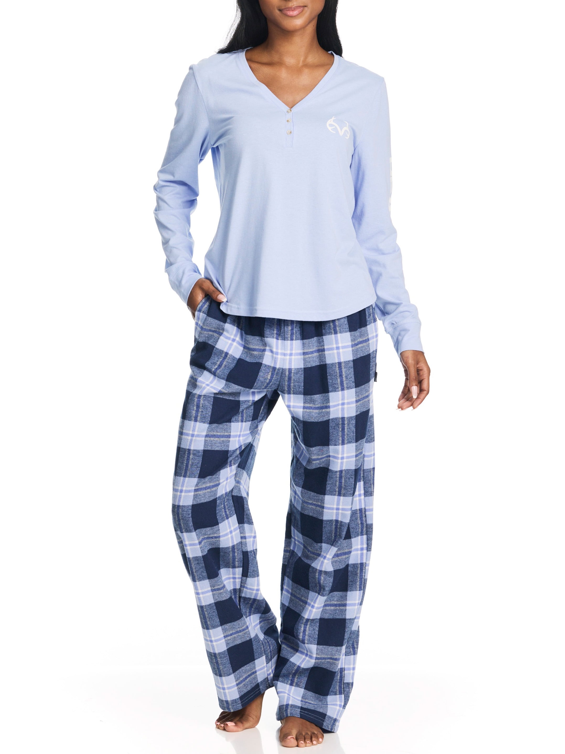 RealTree Women's Long Sleeve Henley Top with Flannel Pant Pajama Sleep ...