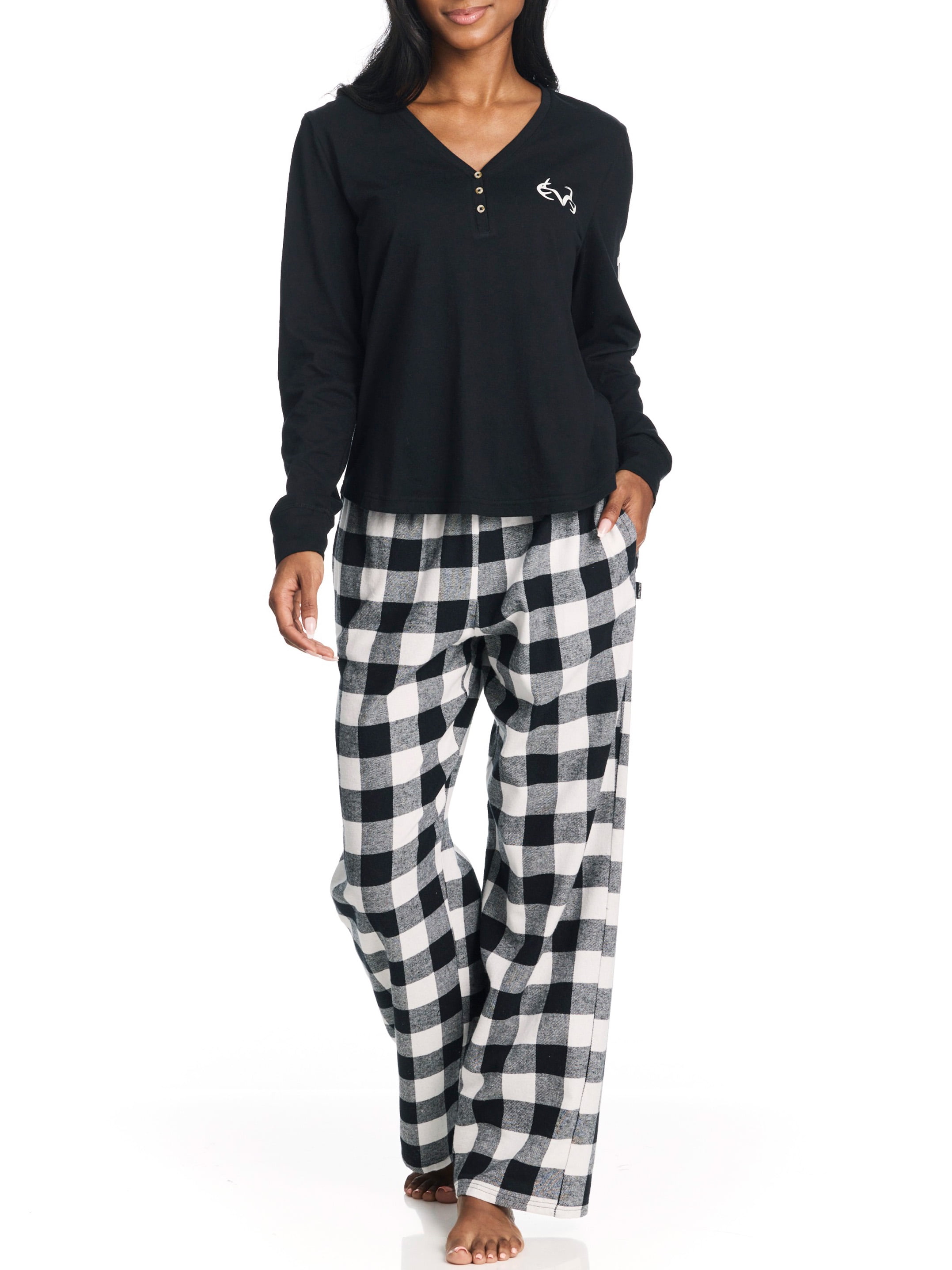 Realtree Women's Cotton Henley Top and Flannel Pant Pajama Set, 2-Piece ...