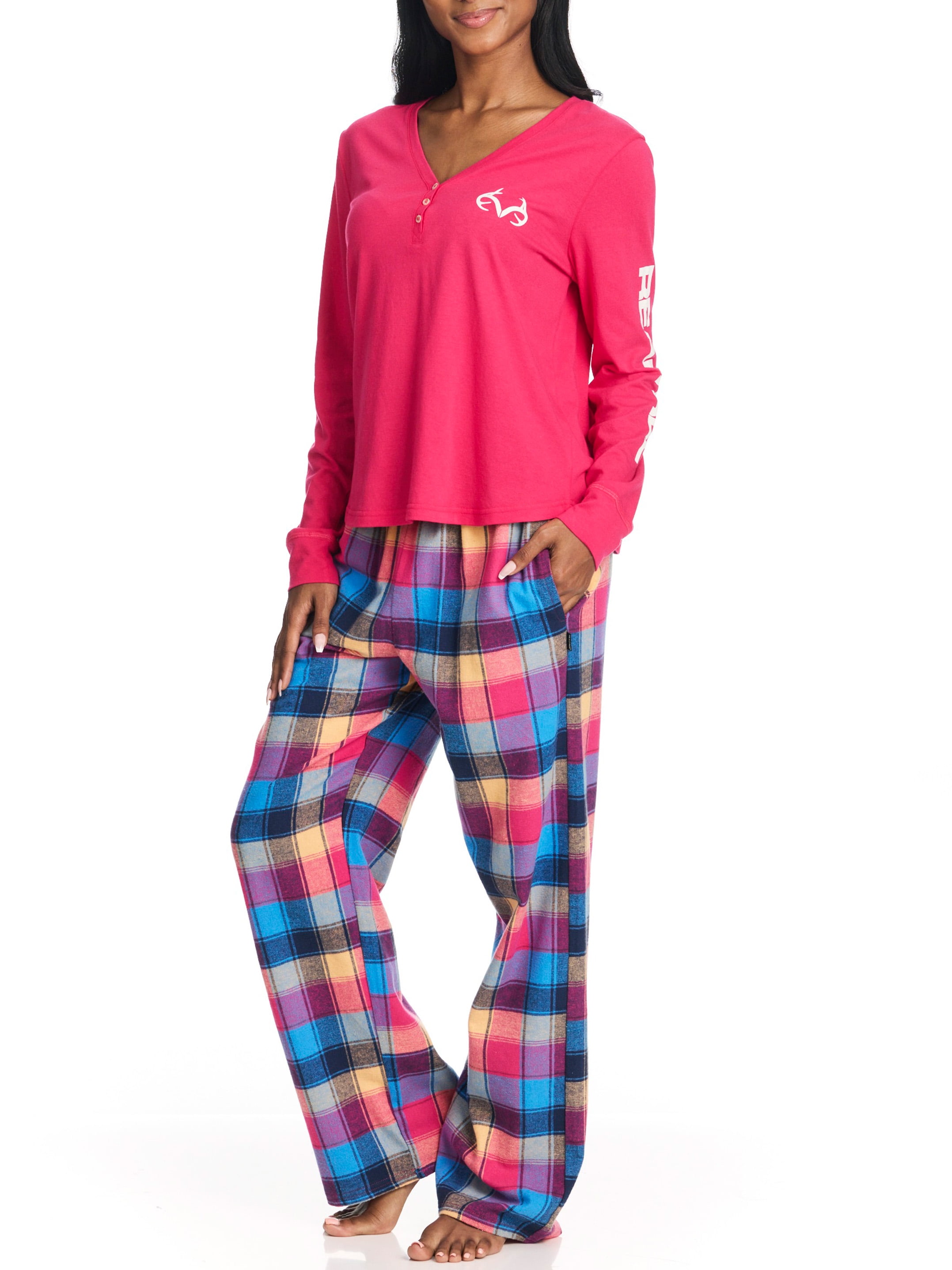 RealTree Women's Long Sleeve Henley Top with Flannel Pant Pajama Sleep ...