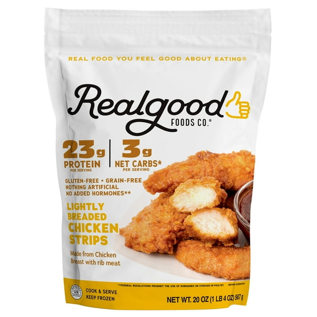 Realgood Foods Co. Lightly Breaded Chicken Breast Strips, Gluten-Free, 20 oz Regular Bag (Frozen ...