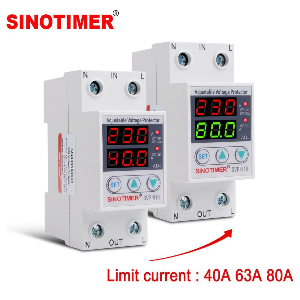 Reali SVP-916 40A/63A/80A Din Rail 120V/230V 50/60Hz AC Adjustable Voltage Protector Auto ...