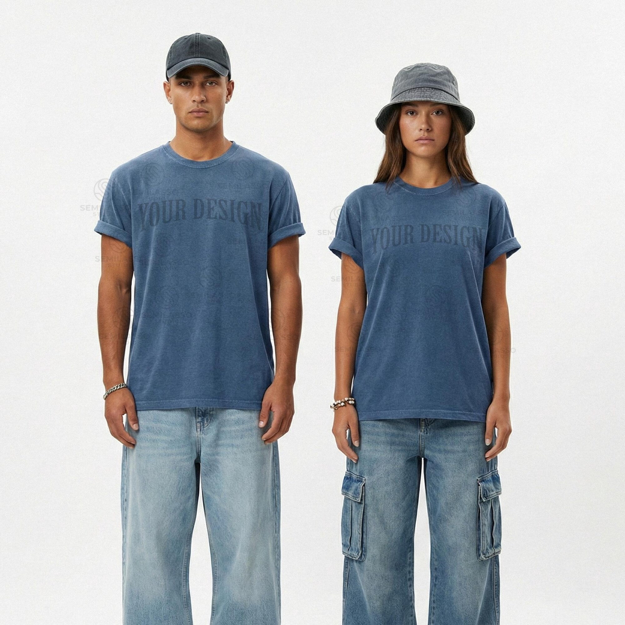 Realistic 1717 Denim Blue Mockup Male and Female Couple Model Mockup ...