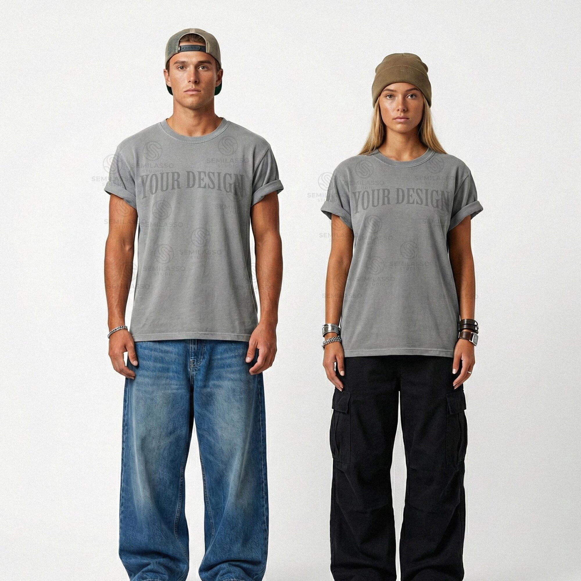Realistic 1717 Gray Mockup Male and Female Couple Model Mockup ...