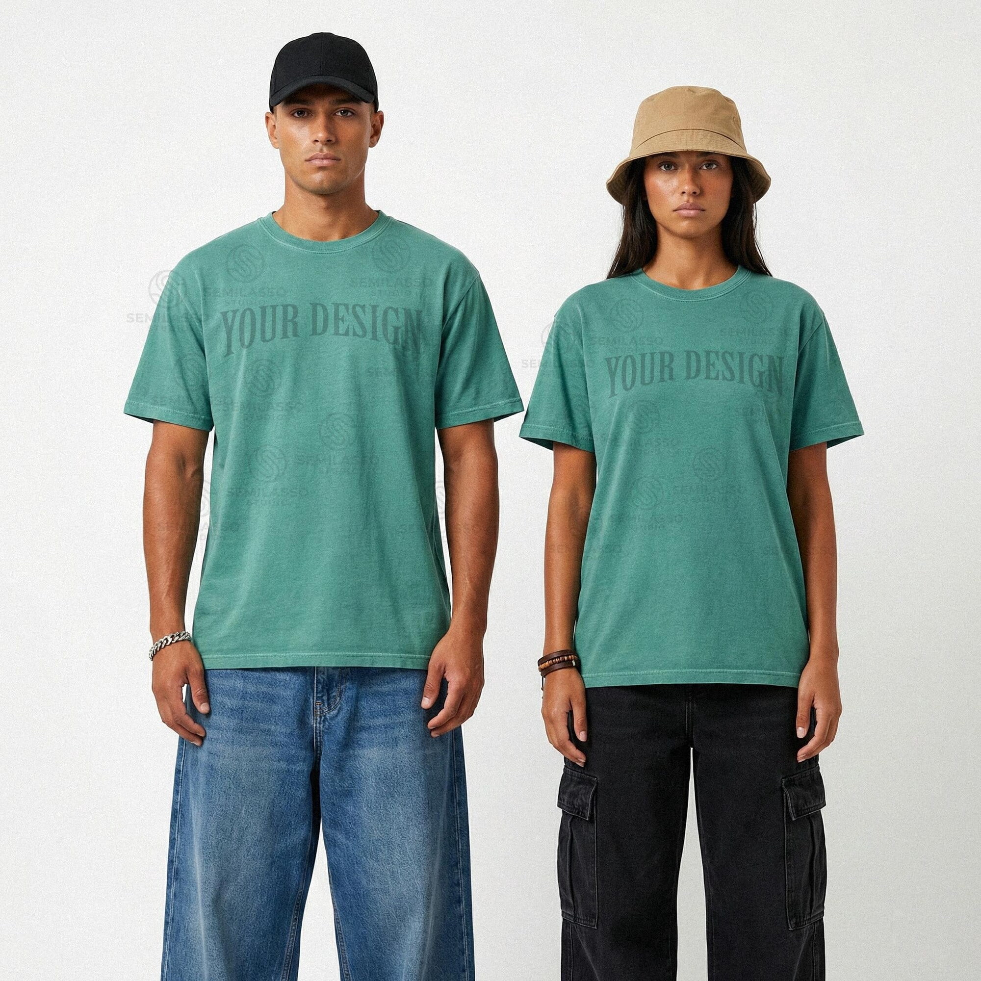 Realistic 1717 Light Green Mockup Male and Female Couple Model Mockup ...