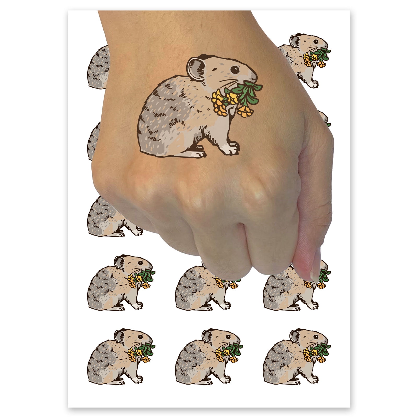 Realistic American Pika Gathering Flowers Temporary Tattoo Water ...