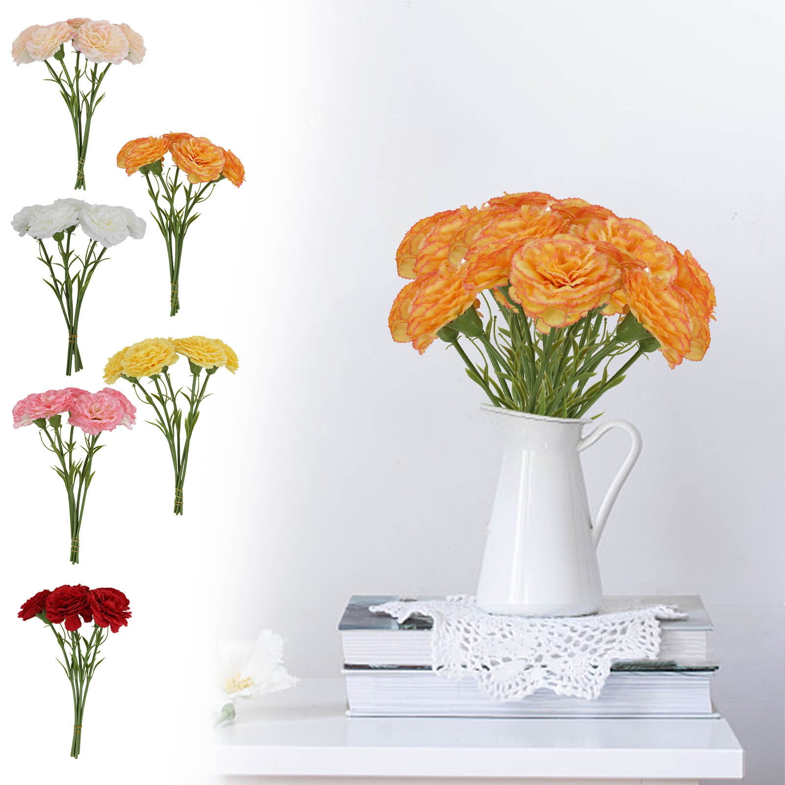 Realistic Artificial Carnation Flowers, 5-Pack, 29cm Tall, 9cm Bloom, Plastic, Indoor Outdoor ...