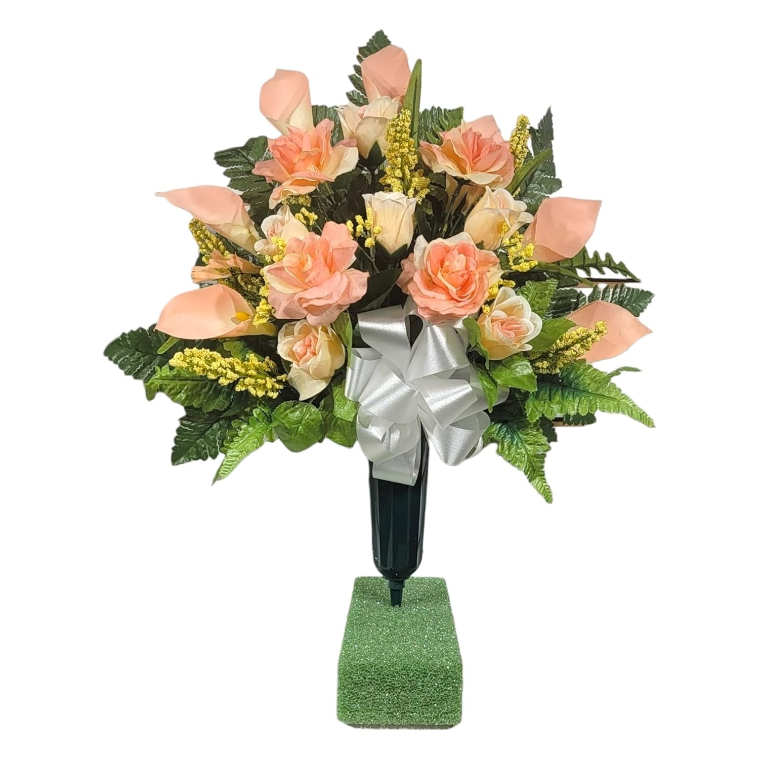 Realistic Artificial Cemetery Flowers - Silk Faux Floral Peach Rose and ...