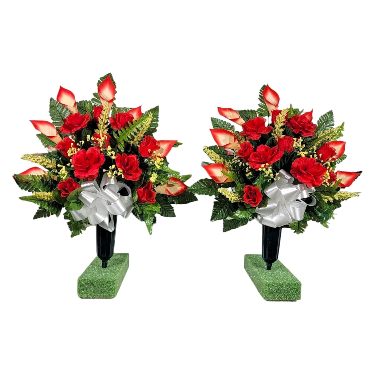 Realistic Artificial Cemetery Flowers - Silk Faux Floral Red Rose and ...