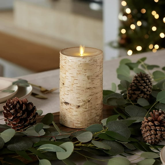 Realistic Artificial Flame Pillar Candle Wrapped with Real Birch Bark ...