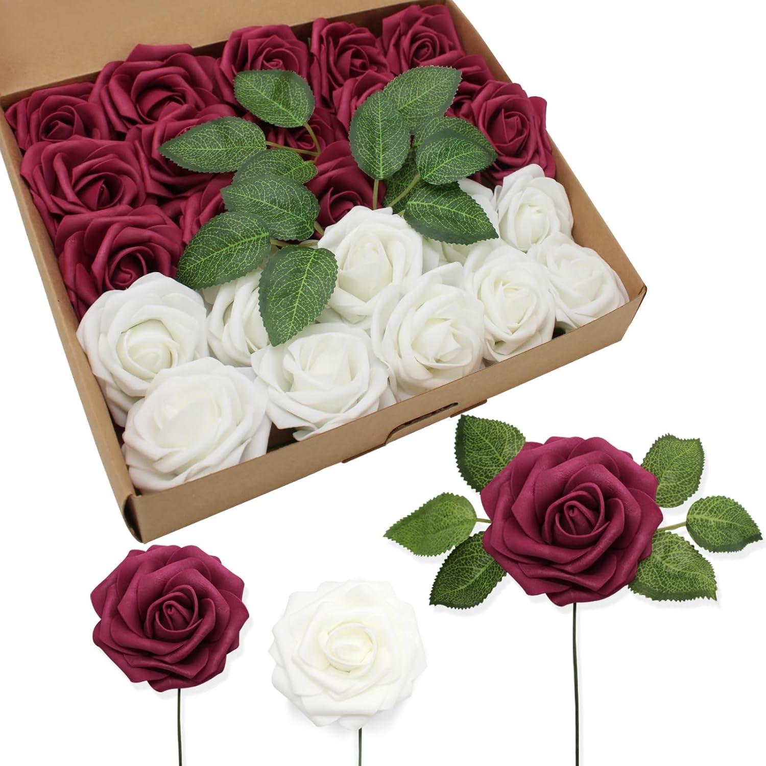 Realistic Artificial Flowers White & Wine Red Roses, Lifelike Fake ...