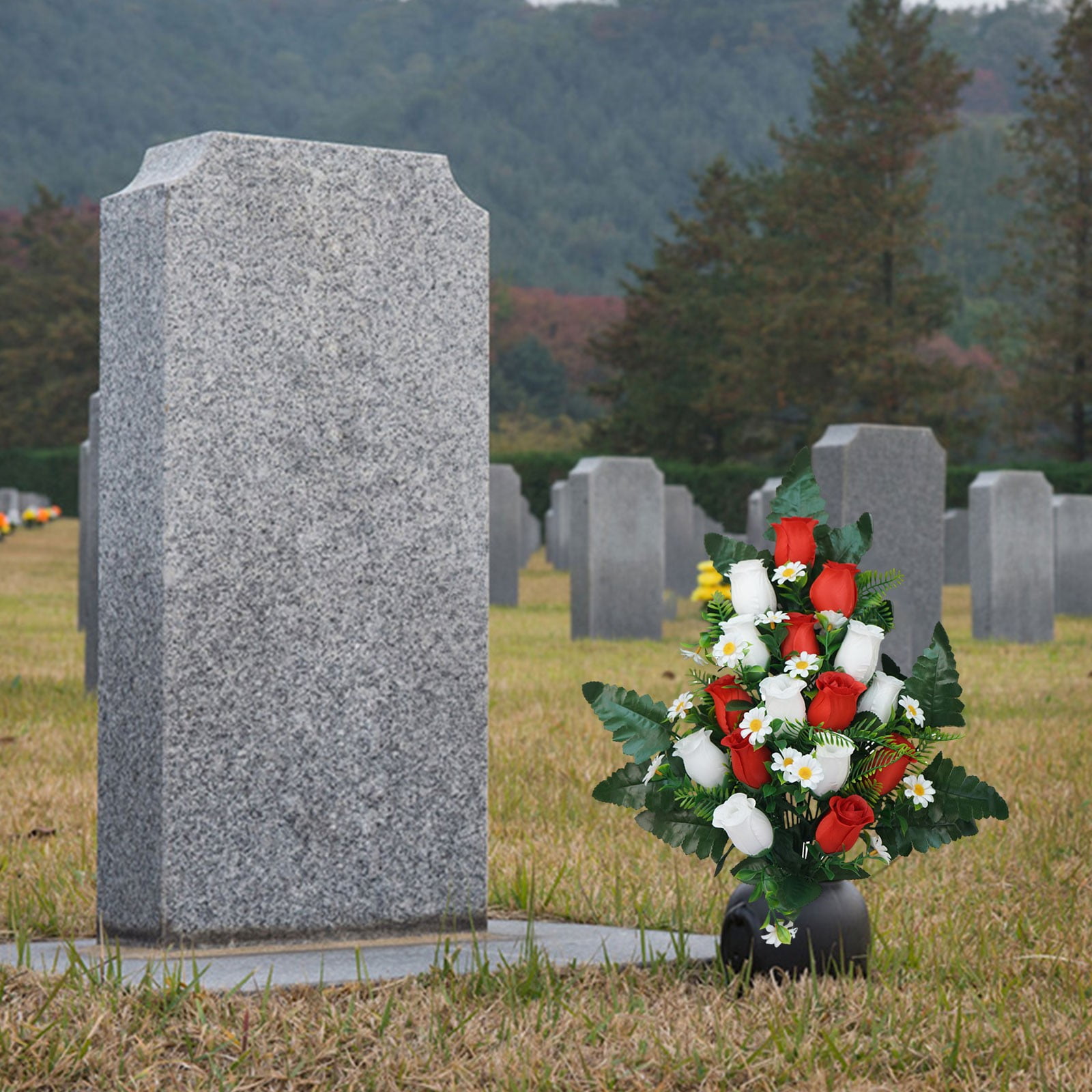 Realistic Artificial Rose Cemetery Flowers - 28" Memorial Arrangement ...