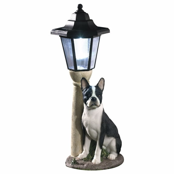 Realistic Boston Terrier Dog Garden Sculpture w/ Solar Lighted Lamp ...