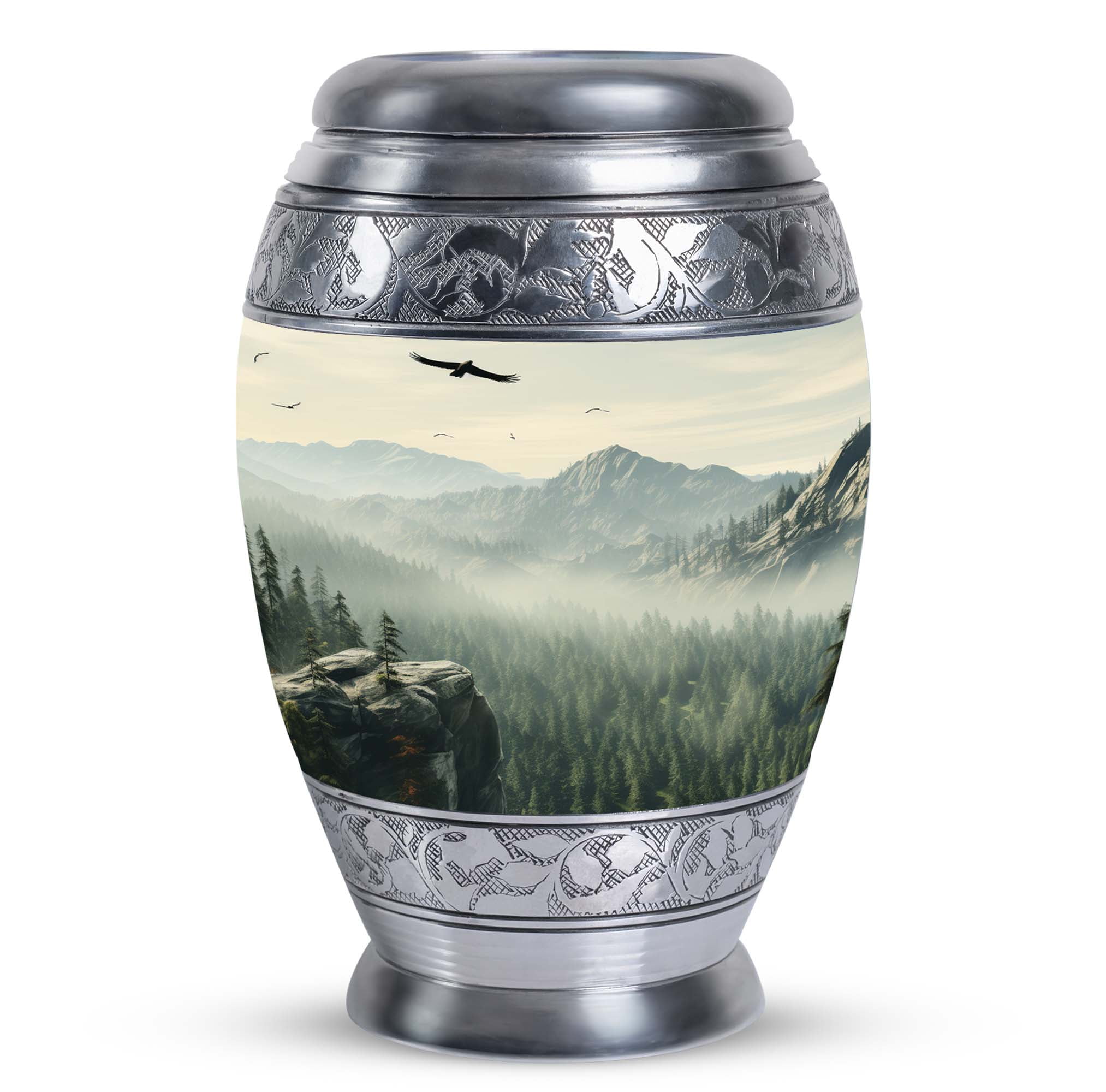 Realistic Illustration Of Mountains & Forest Urns For Human Ashes ...
