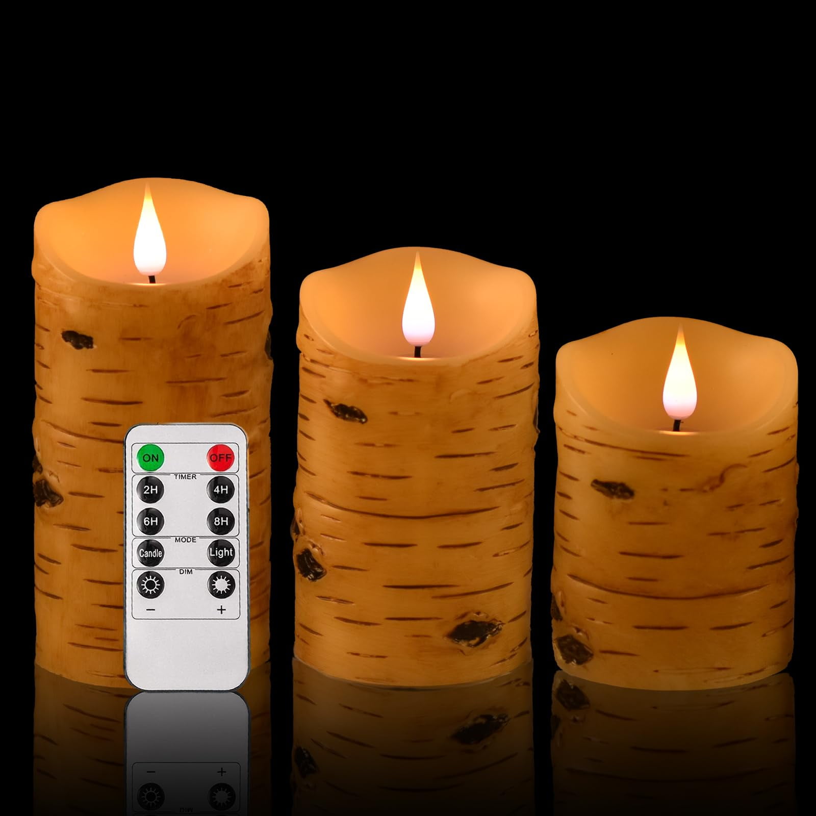 Realistic LED Birch Bark Flameless Candles Set of 3 - Flickering Moving ...