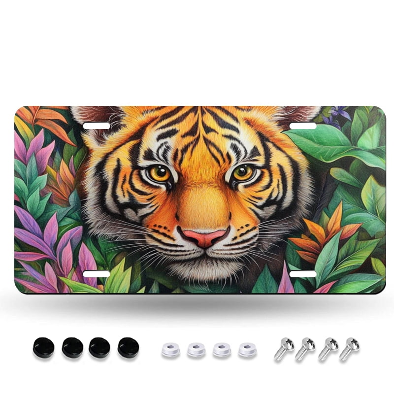 Realistic - Looking Tiger in Jungle Foliage License Plate Frame ...