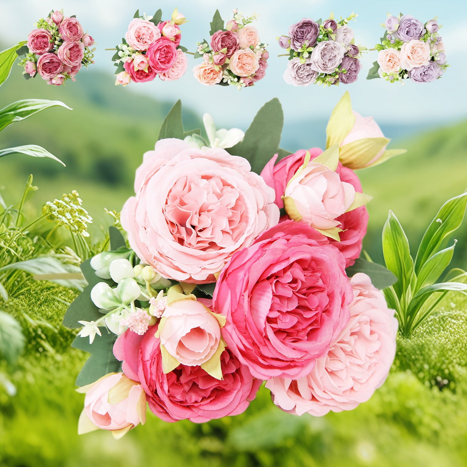 Realistic Multicolor Silk Peony Artificial Flower Bouquet - Durable ...