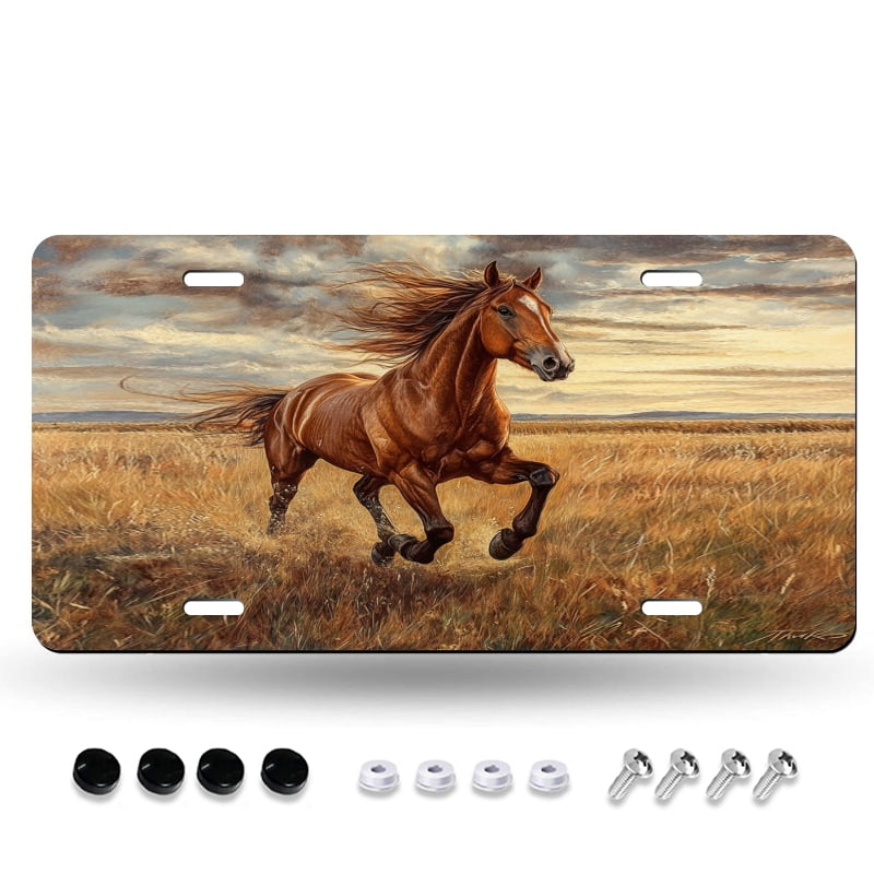 Realistic Oil Painting Of Galloping Horse in Field License Plate Frame ...