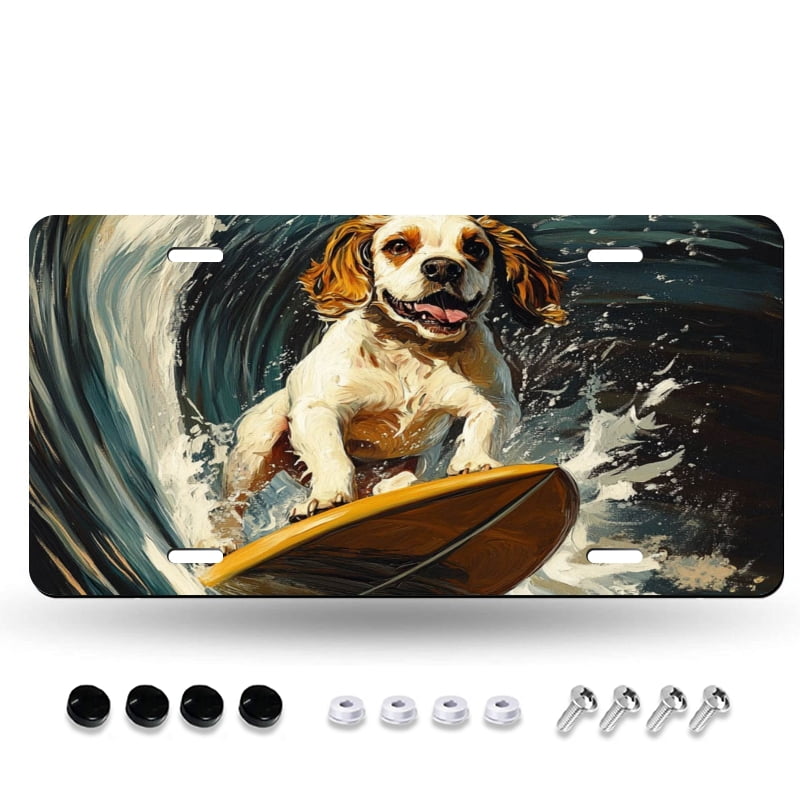 Realistic Oil Painting Of Dog Surfing Wave License Plate Frame ...