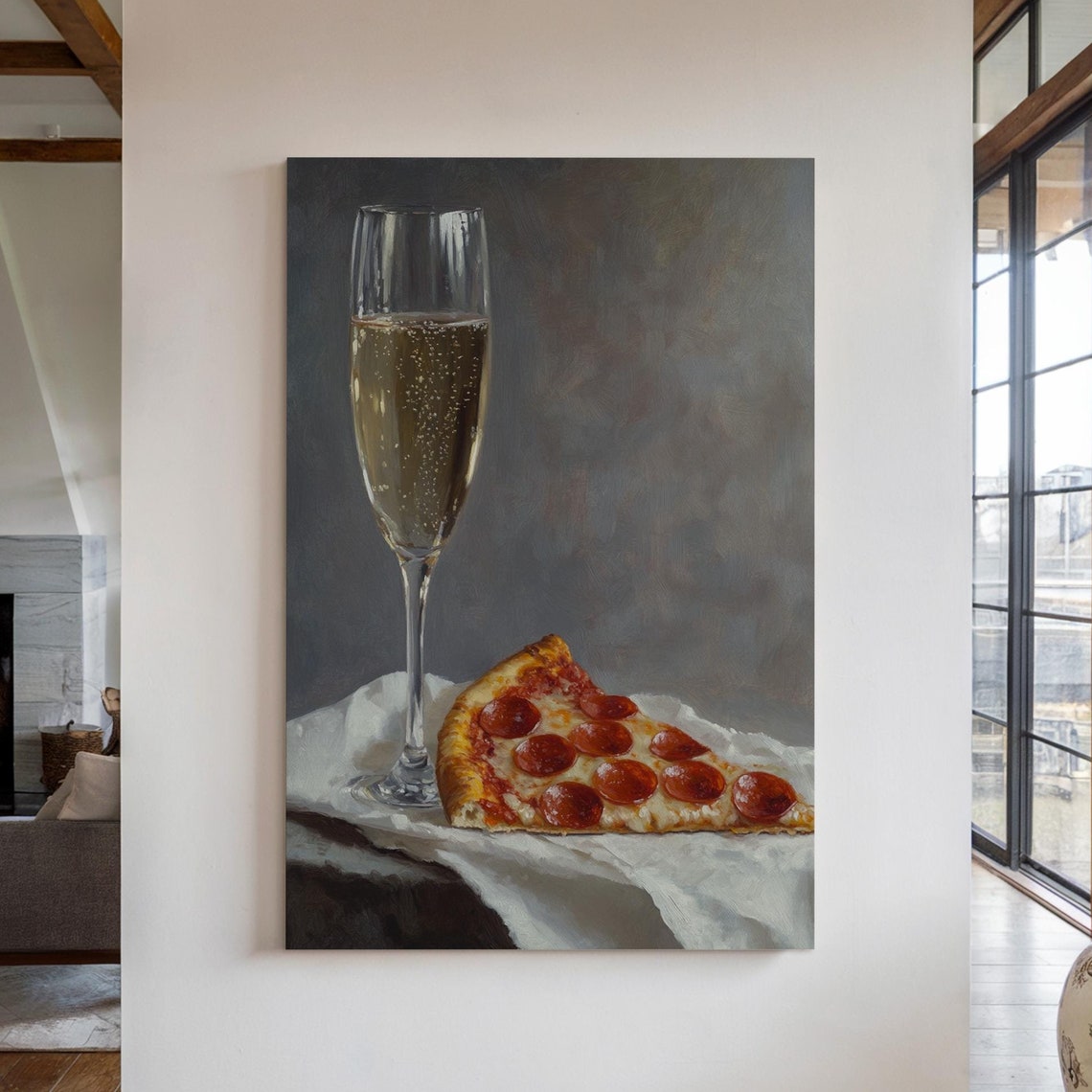 Realistic Pepperoni Pizza And Champagne Still Life Painting Style ...