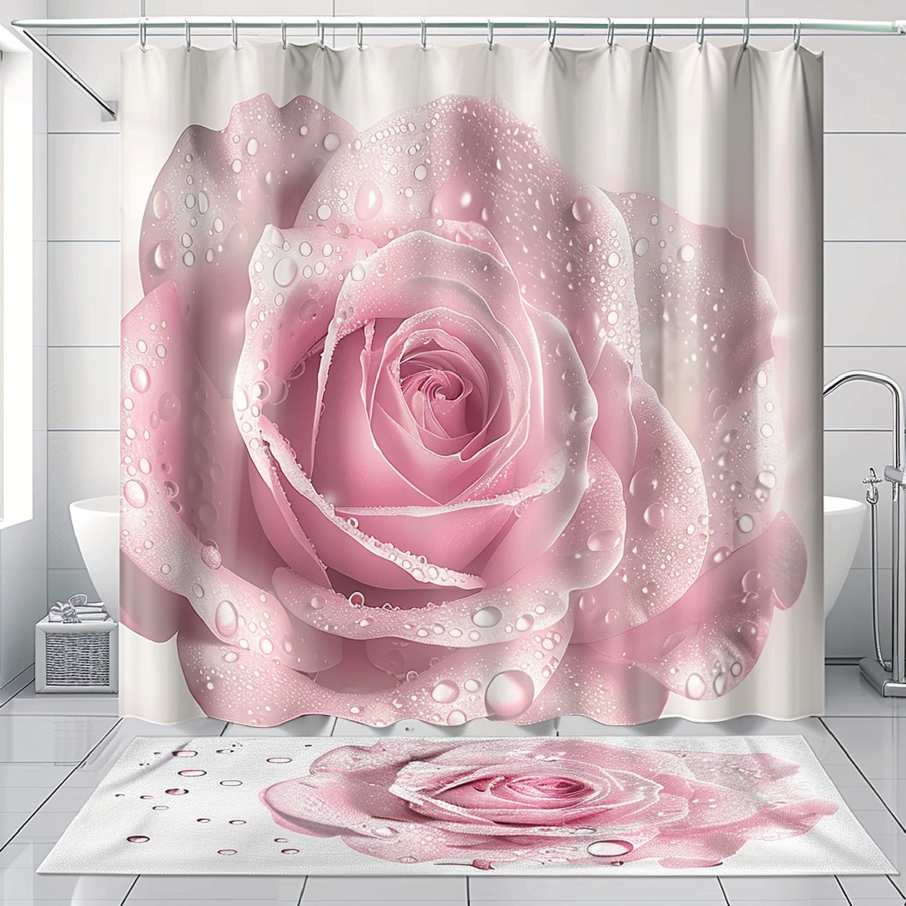 Realistic Pink Rose Floral Shower Curtain Set With Water Drops Bathroom