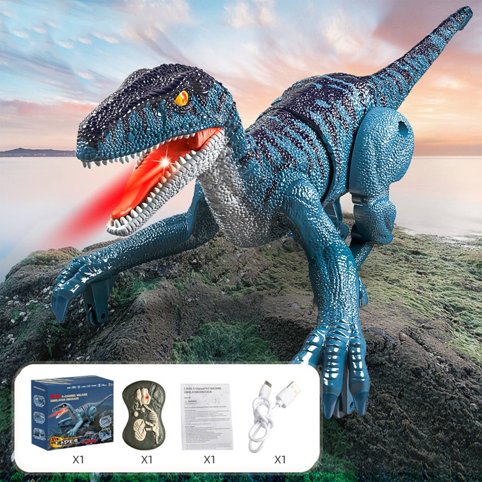 Realistic RC Velociraptor Dinosaur Toy, 5-Channel Remote Control Walking Dino with Sound & Light ...