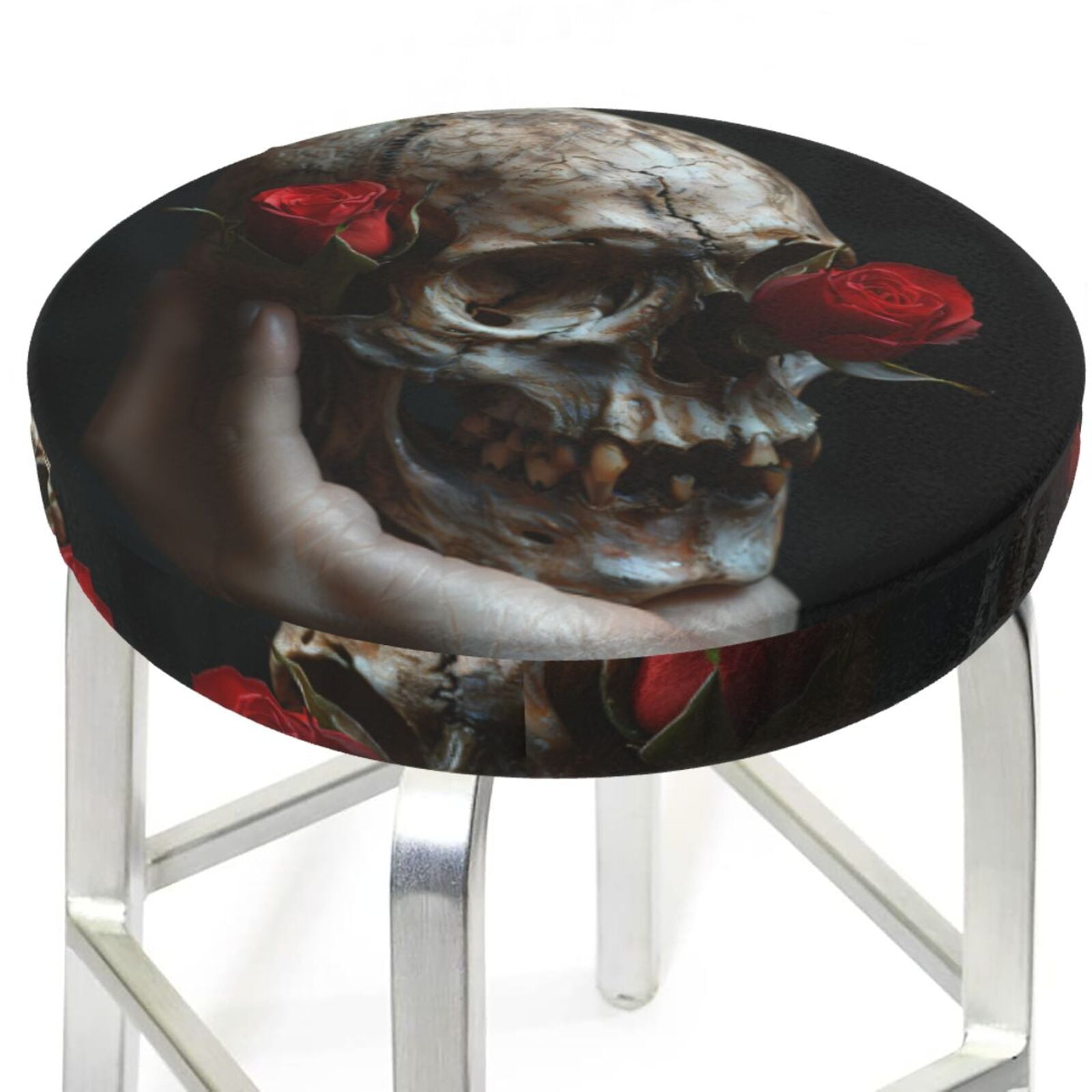 Realistic Rose Skull Bar Stool Covers - Stretch Round Seat Covers with ...