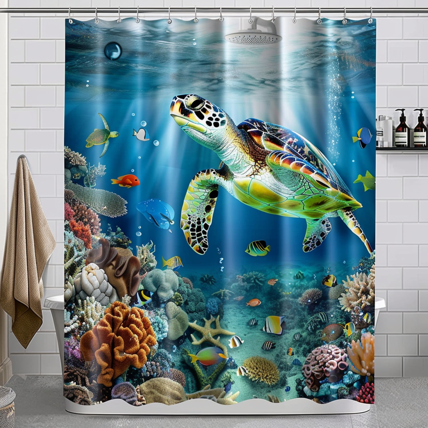 Realistic Sea Turtle Underwater Coral Reef Artwork for Modern Bathroom ...