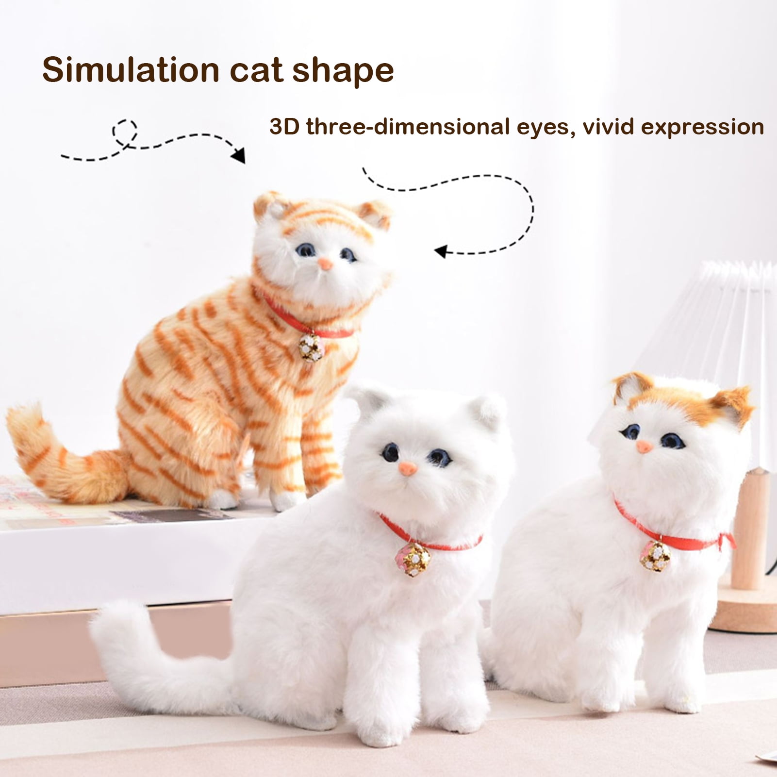 Realistic Sitting Cat Plush Toy with Collar Soft Fluffy PP Cotton ...