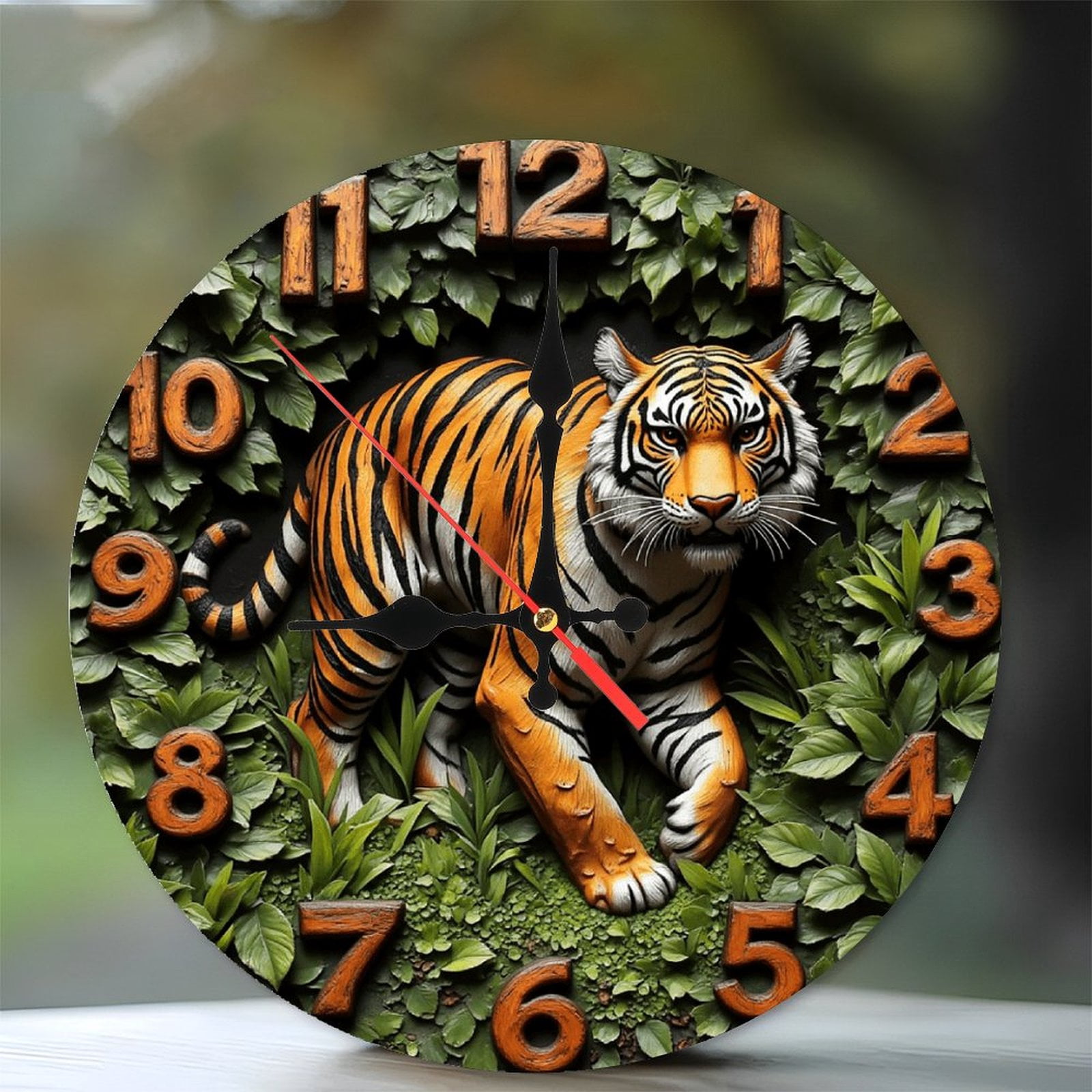 Realistic Tiger Wall Clock with Green Leaves Design 10-Inch Silent ...