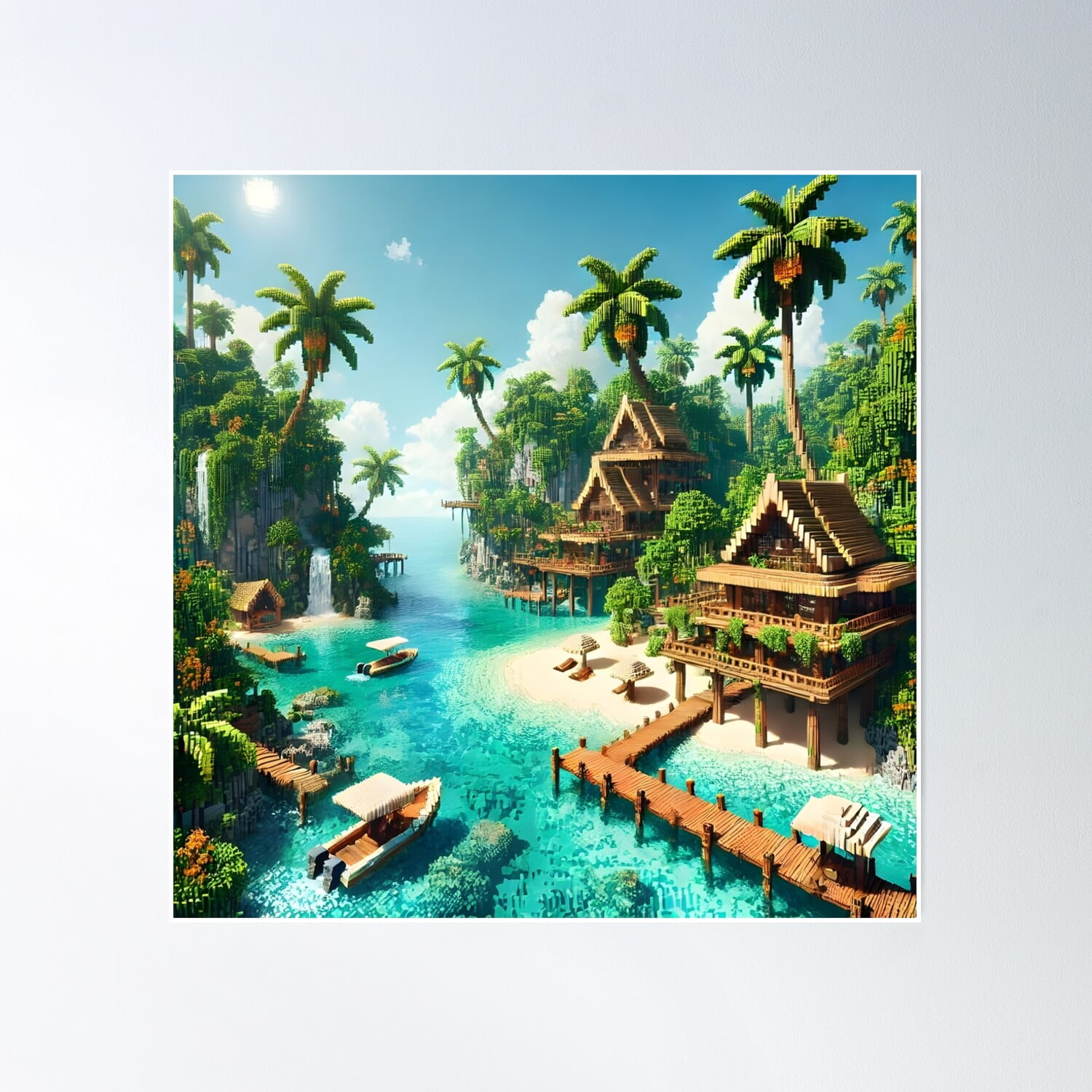Realistic Tropical Minecraft Village - Pixel Art For Gamer Room Decor ...