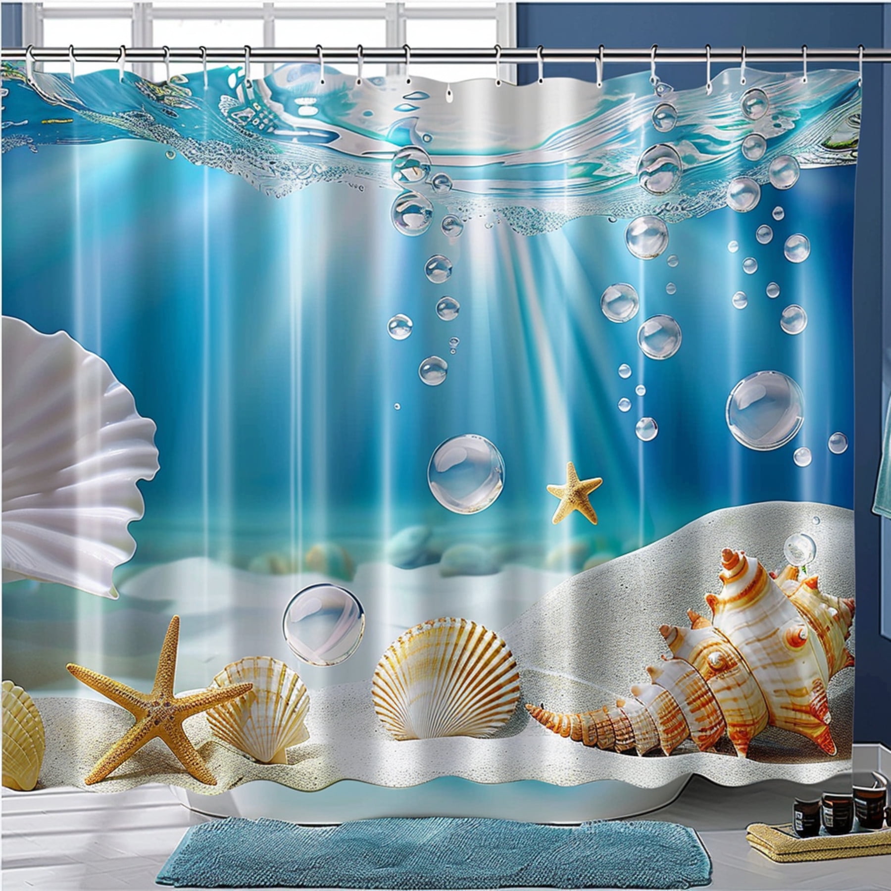 Realistic Underwater Sea Shell Starfish Shower Curtain Set ...
