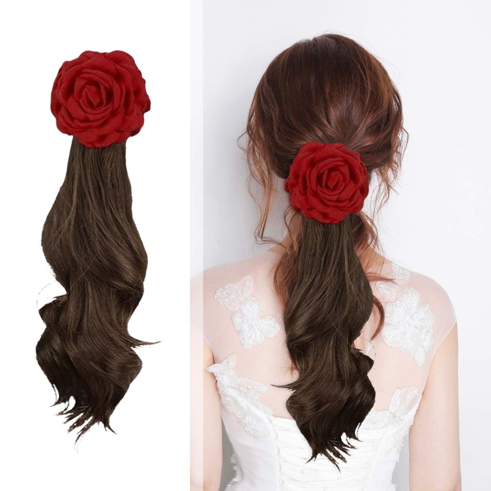Realistic Voluminous Wavy Ponytail Wig Clip with Red Rose Bouffant Net ...